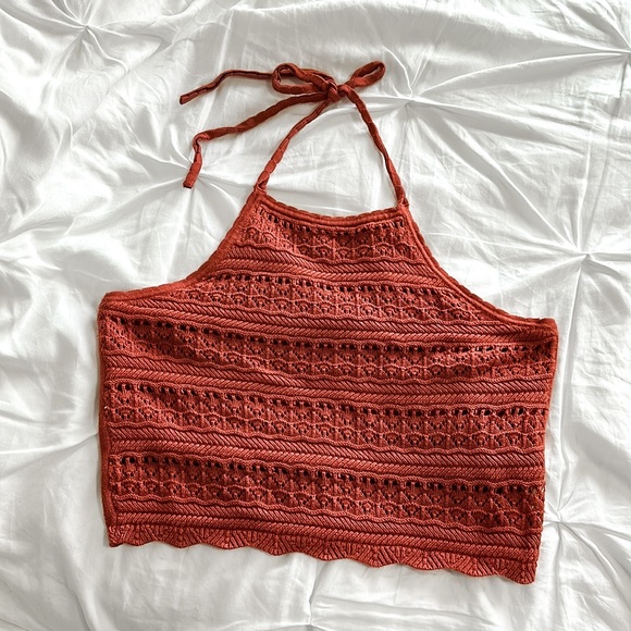 Hem & Thread | Tops | Hem Thread Darkrust Orange Halter Crop Top Crochet Tie Neck Large | Poshmark